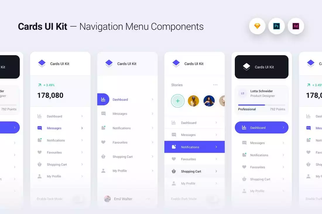 Cards UI Kit Navigation Menu Components | Design Shack