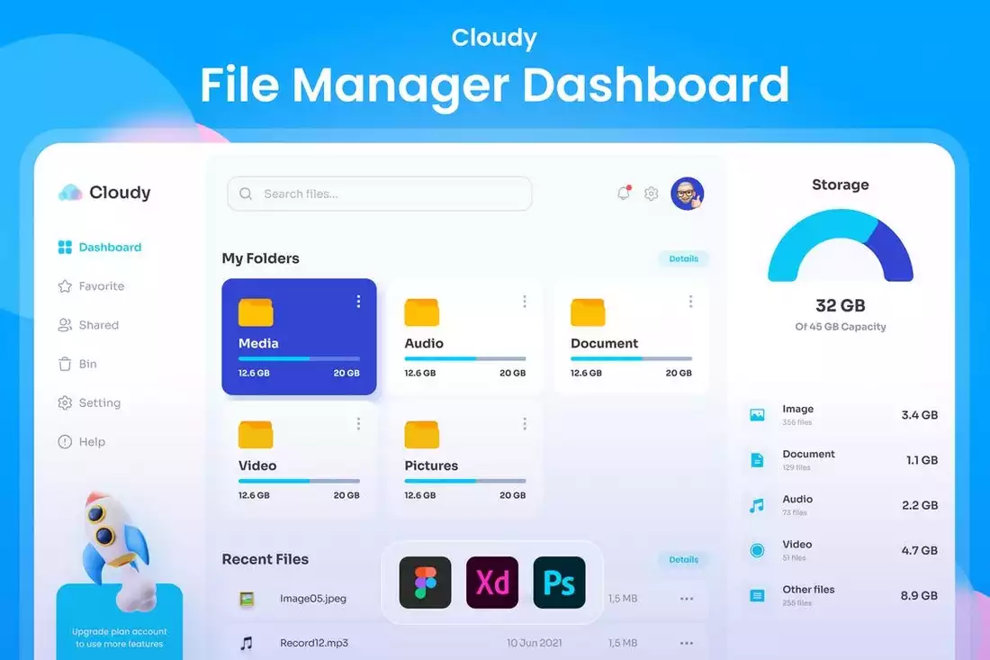 Cloudy File Manager Dashboard Adobe XD UI Kit | Design Shack