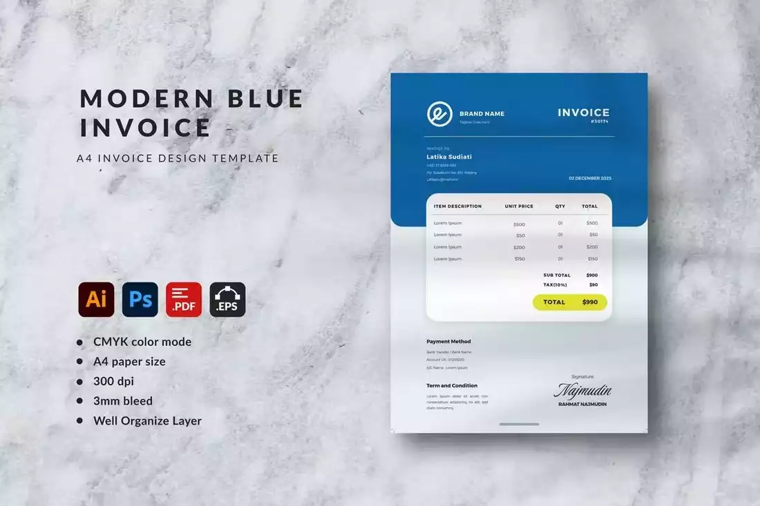 Modern Blue Illustrator Invoice Template | Design Shack