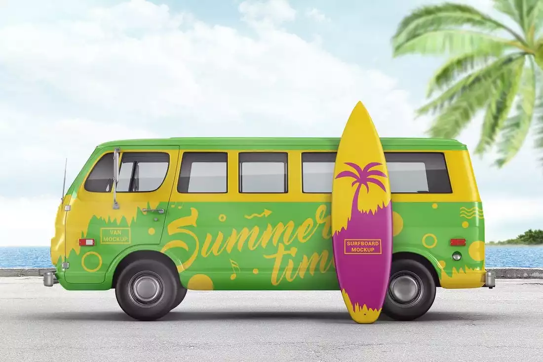 Van With Surfboard Branding Mockup | Design Shack